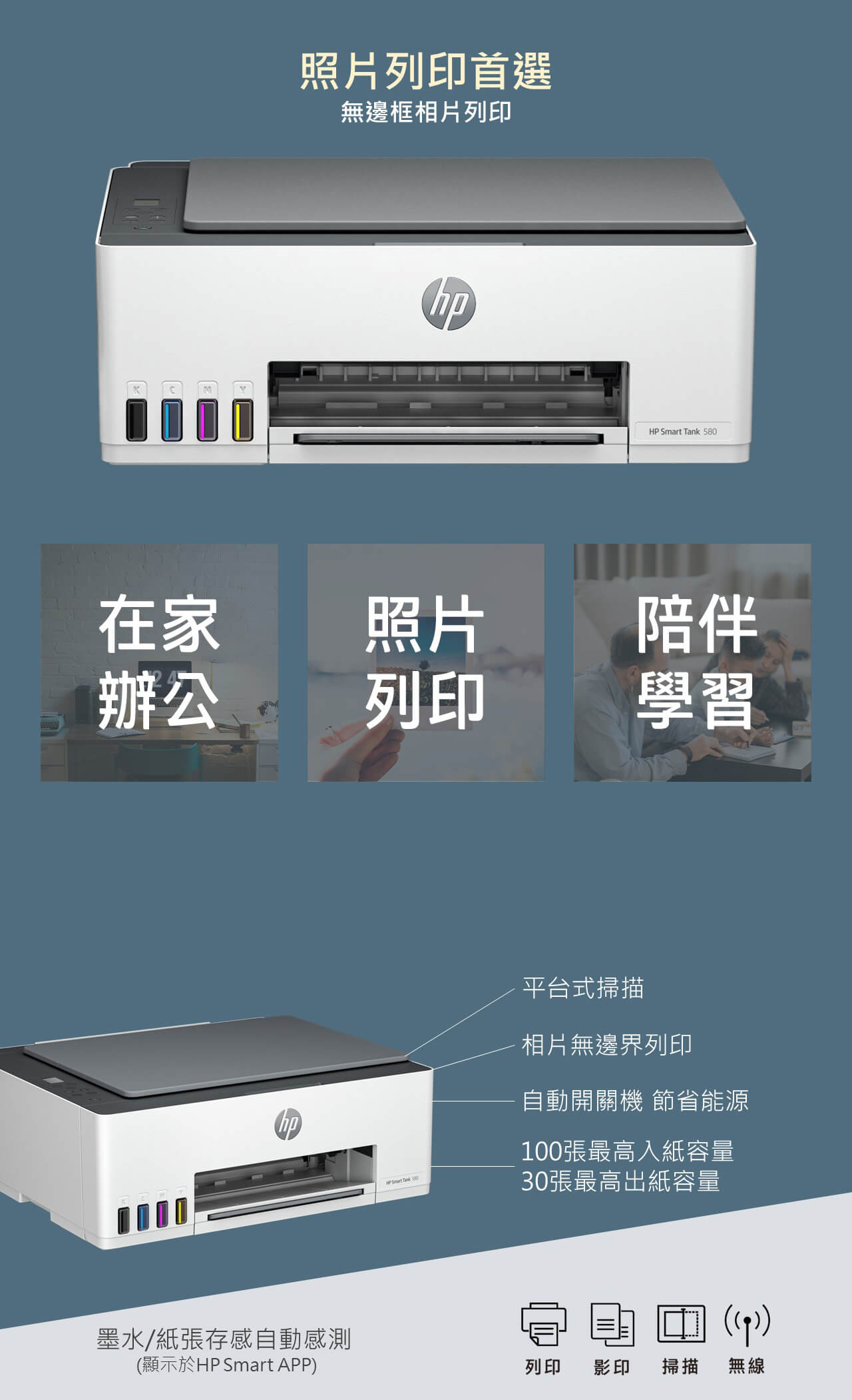 HP Smart Tank 580 相片彩色連續供墨多功能印表機 (5D1B4A) | HP® 惠普台灣原廠購物網